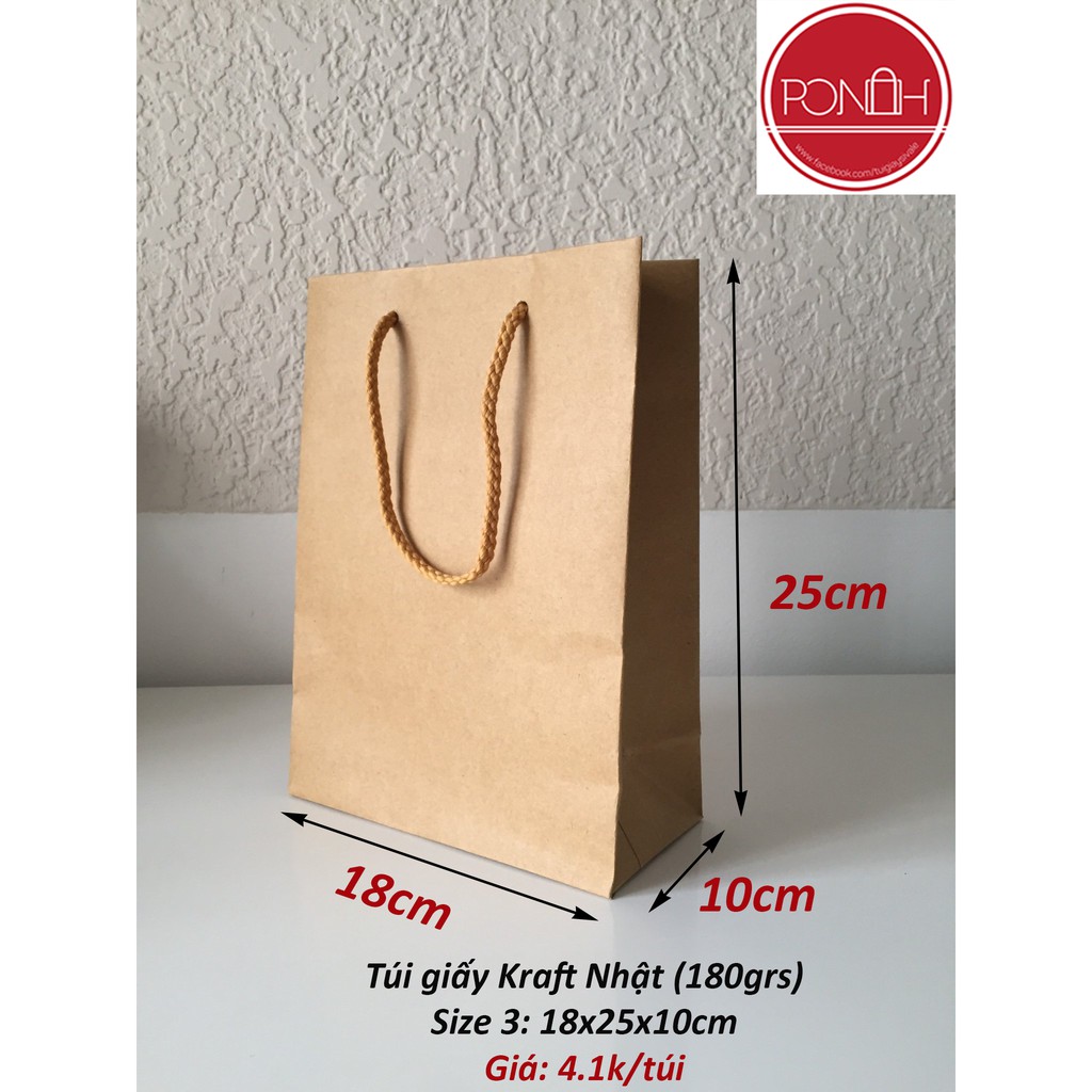 Combo 10 túi giấy Kraft Nhật, trơn, quai dây thừng/ dây dù vải (18*25 ...