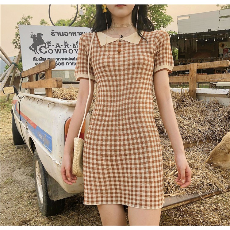 Mua Đầm Caro Ullzang Nữ Đầm Ngắn Retro Cổ Điển Có Cổ Tay Ngắn Đầm Ôm ...