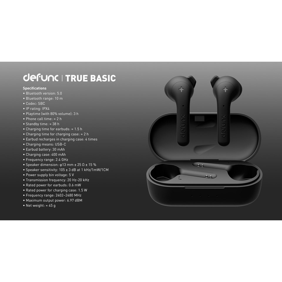 Tai Nghe True Wireless Defunc True Basic Bluetooth v5.0, Cảm Ứng, Kháng Nước IPX4, Pin Lên Đến ...