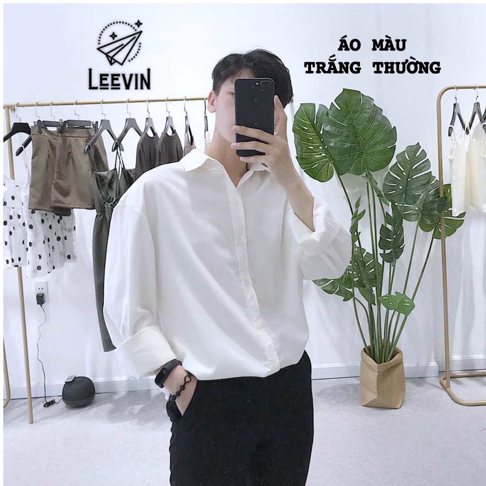 Mua Áo sơ mi nam nữ dài tay Unisex Basic TRƠN Form rộng màu trắng và đen Chất cotton lụa mịn mát ...