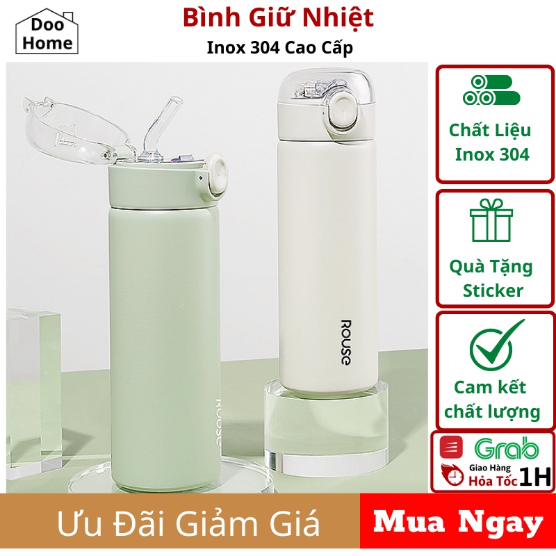 Bình giữ nhiệt cho bé đi học ROUSE, Bình đựng nước mini cute inox 304 thép không gỉ có ống hút ...