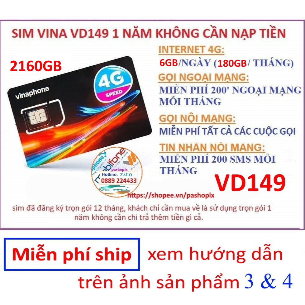 SIM 4G VINA D89Y VD149 VD89P TRỌN GÓI 12 THÁNG KHÔNG CẦN NẠP TIỀN - MixASale