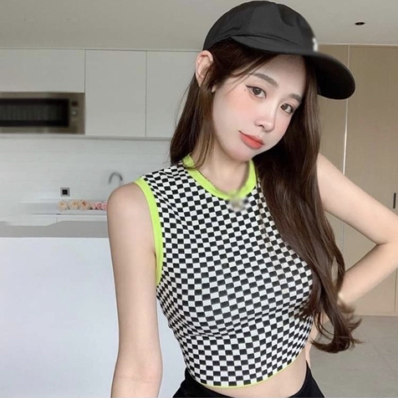 Tank top checkerboard viền xanh lá | Shopee Việt Nam