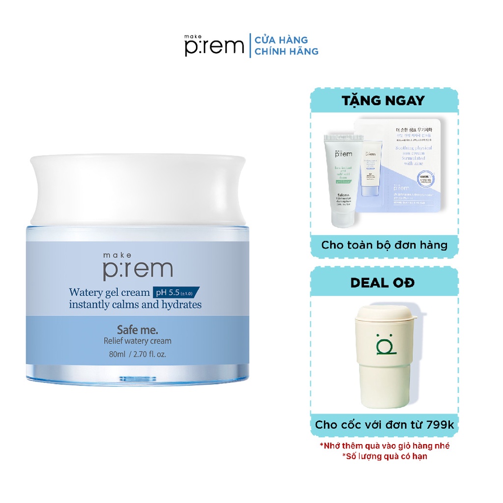 Kem dưỡng cấp nước chiết xuất từ nhựa xương rồng Make P:rem Safe me. Relief watery cream 80ml ...