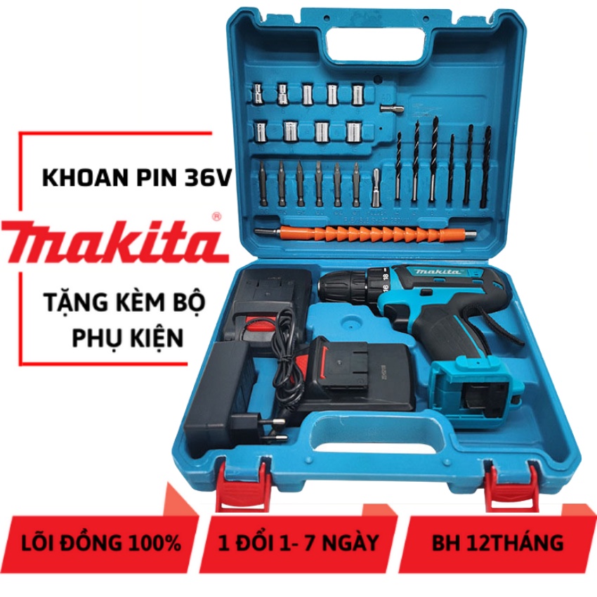 Máy Khoan Pin Makita 36V 3 Chức Năng Có Búa - Tặng Kèm 2 PIN + 24 Chi Tiết Gồm Các Mũi Khoan ...