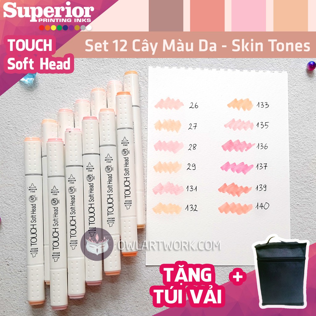 Bút Marker Touch Soft Head, set 12 cây màu da - Tặng kèm túi vải ...