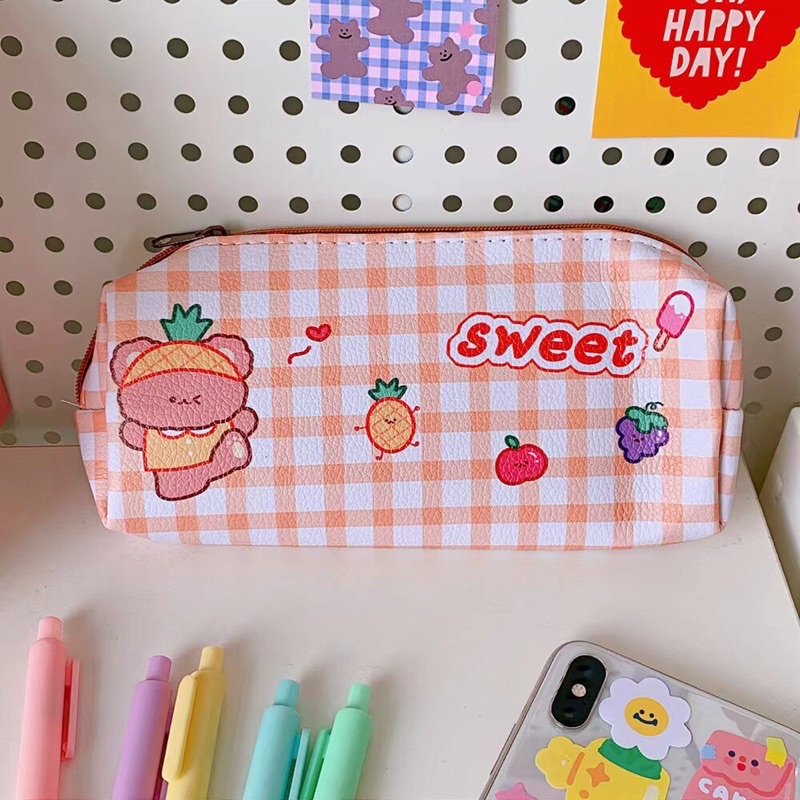 Mua TÚI BÓP VẢI ĐỰNG BÚT VIẾT, hoạ tiết gấu caro pastel, đi học, trang ...