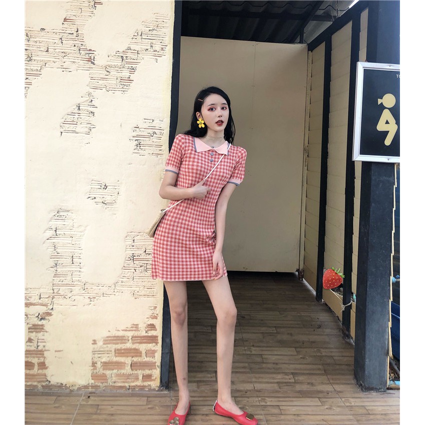 Mua Đầm Caro Ullzang Nữ Đầm Ngắn Retro Cổ Điển Có Cổ Tay Ngắn Đầm Ôm ...