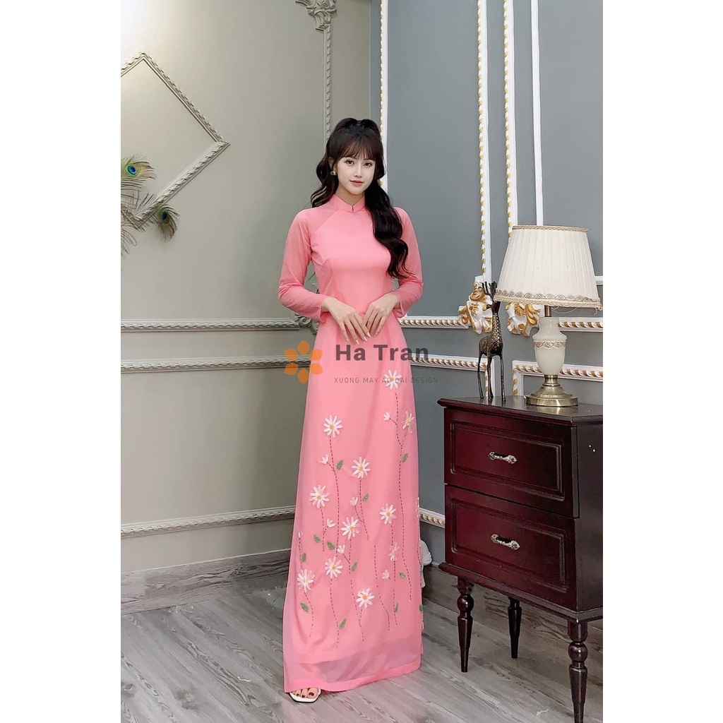 Mua Áo dài truyền thống ren ánh kết ruy băng hoa cúc cao cấp thướt tha ...