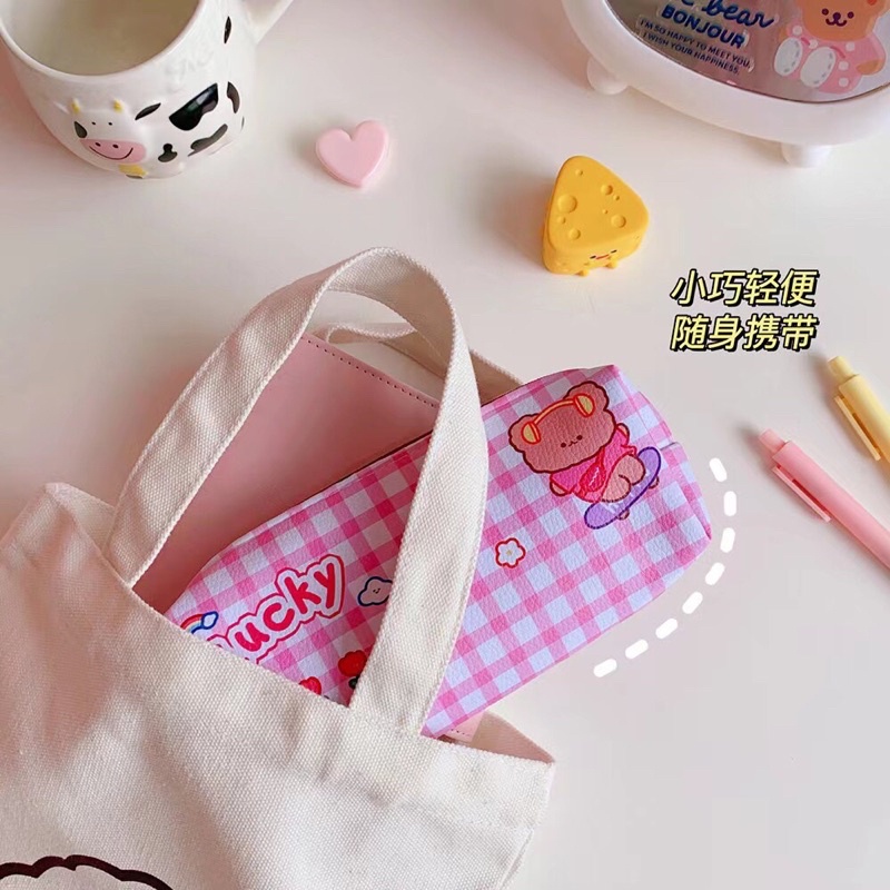 Mua TÚI BÓP VẢI ĐỰNG BÚT VIẾT, hoạ tiết gấu caro pastel, đi học, trang ...