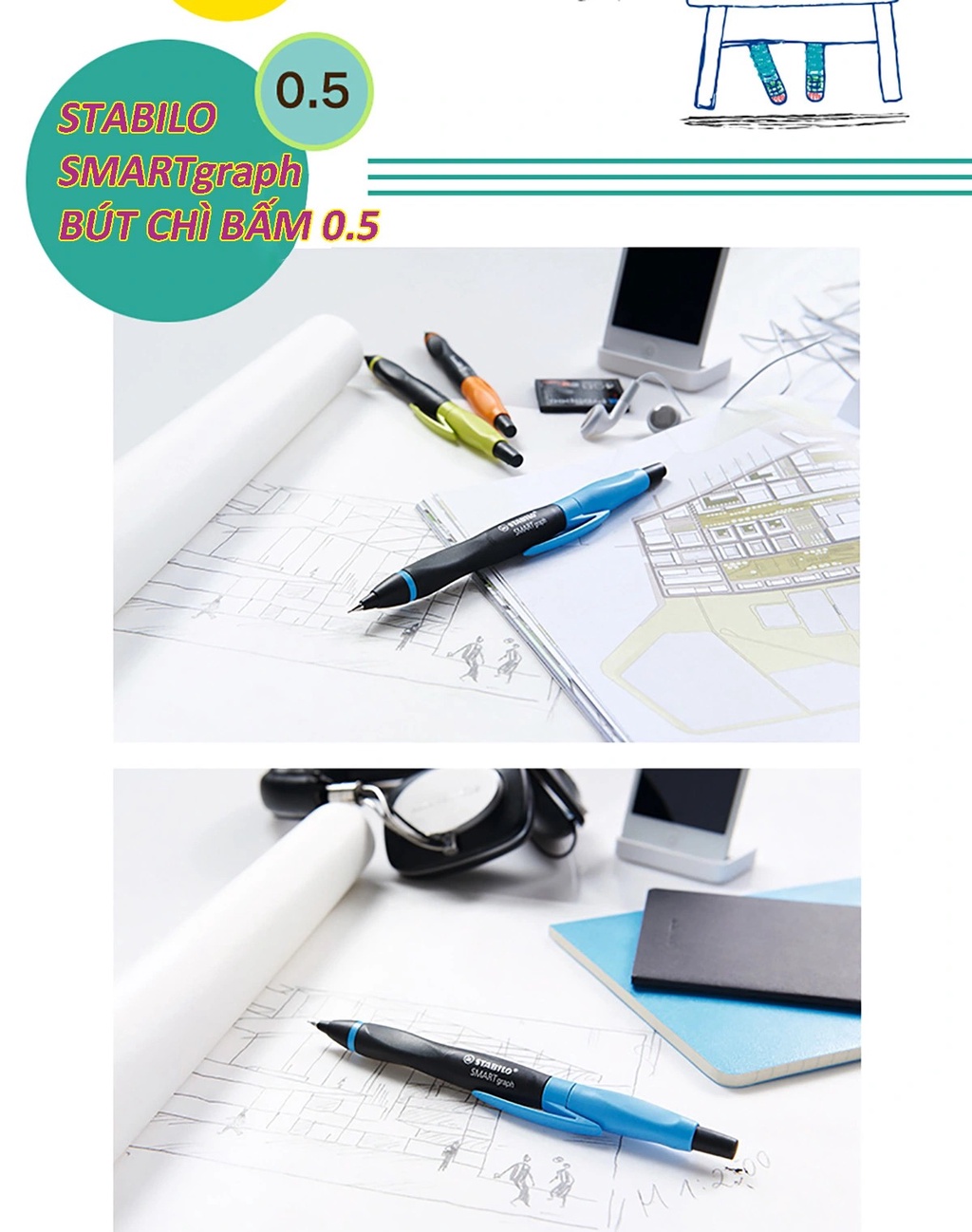 Bộ 1 cây bút chì bấm STABILO SMARTgraph 0.5mm + ruột chì PC3205R12-2B ...