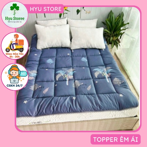 Nệm topper 5cm đường viền kiểu mới màu xanh nhiều size 1m 1m2 1m4 1m6 ...