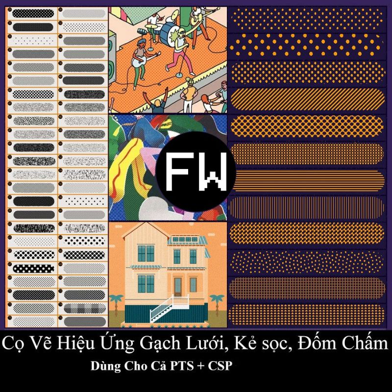 Cọ vẽ họa tiết gạch ngang kẻ sọc đốm chấm, gồm 100 Brush dùng cho PTS ...