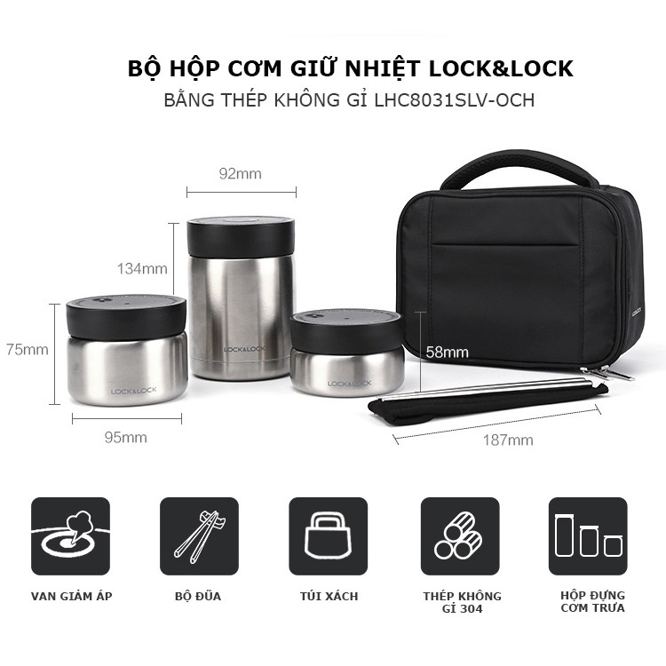 Bộ Hộp Cơm giữ nhiệt Inox 304 Lock&Lock LHC8031 kèm túi giữ nhiệt màu ...