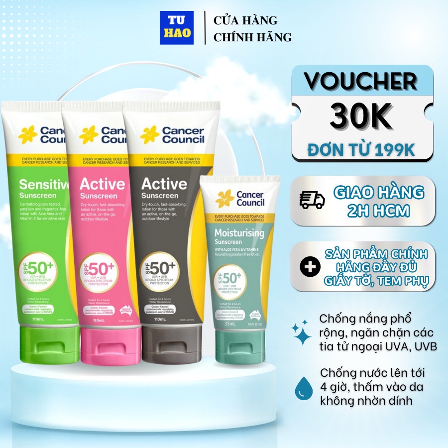Kem chống nắng Cancer Council Active/Sensitive/Moisturising SPF 50+/ PA ...