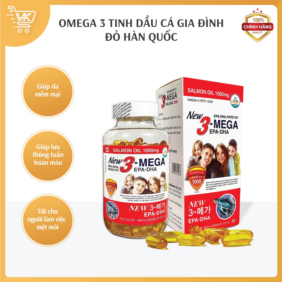 Dầu cá Omega 3 Hàn Quốc New 3 Mega EPA DHA 1000mg 300 viên tốt cho thị ...