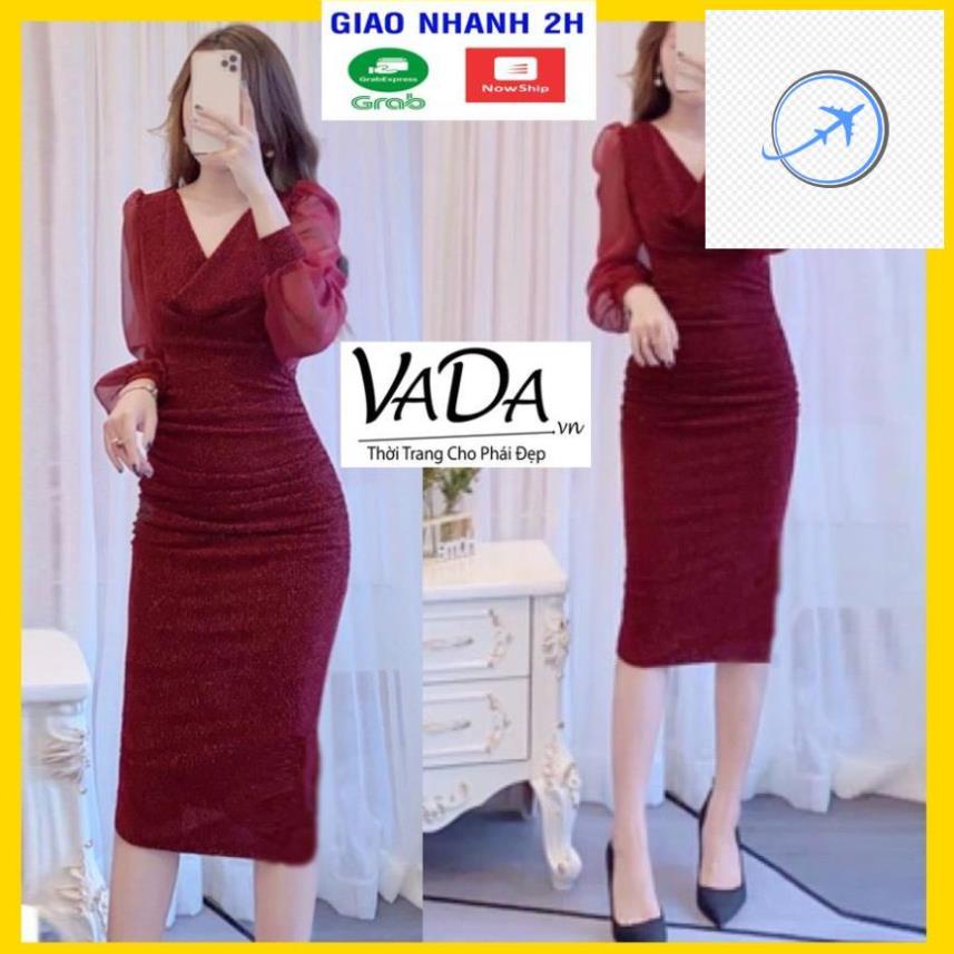 Mua 👗 Đầm body tay dài cổ V cách điệu chất thun kim tuyến cáo cấp co ...