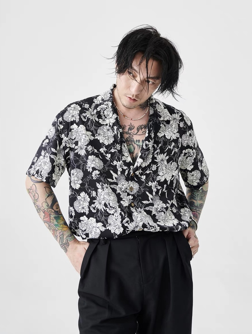 Áo sơ mi nam hoạ tiết Hoa Mẫu Đơn Peony FOMAN tay ngắn vải lụa, thoáng ...