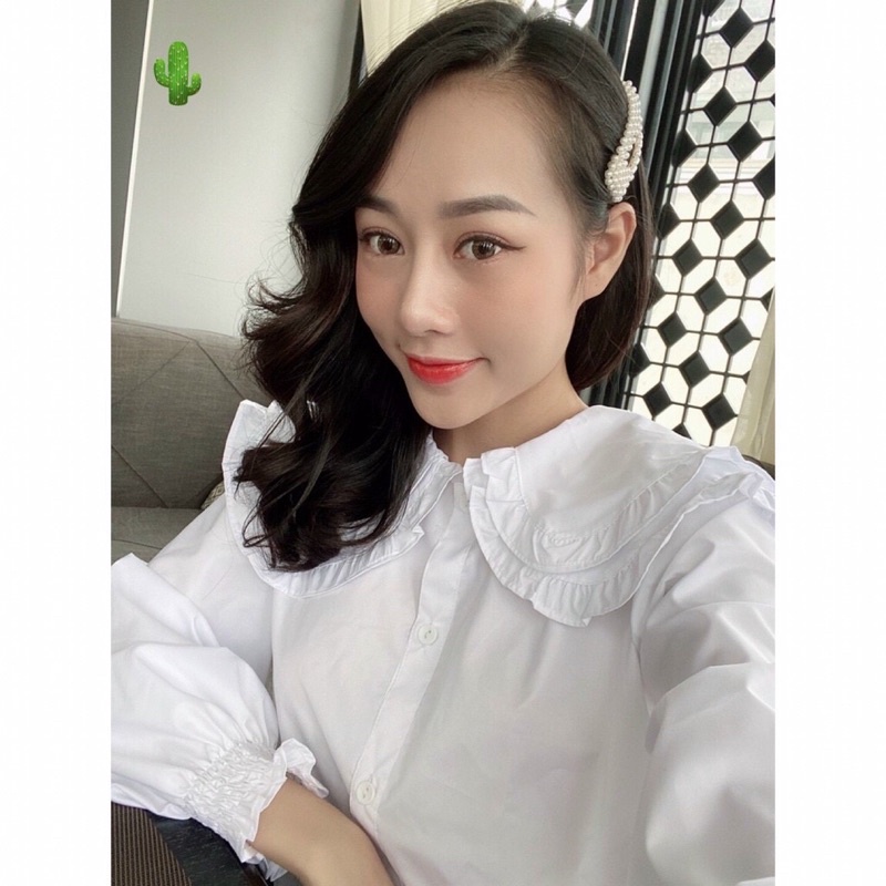 Mua Áo sơ mi trắng nữ form rộng tay dài cổ bèo cánh sen dành cho đi học ...