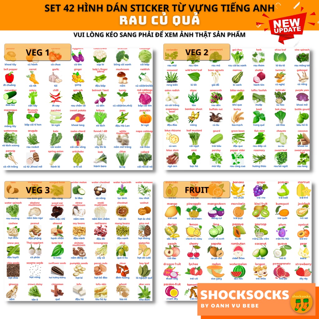 🔥42 hinh dán sticker từ vựng tiếng Anh chủ đề RAU CỦ QUẢ🔥 | HolCim ...