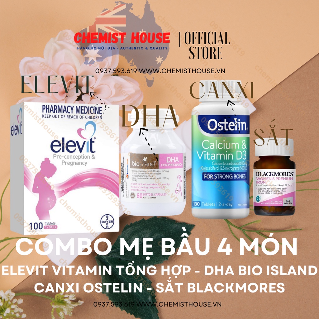 Combo Vitamin cho Mẹ Bầu 4 món (Elevit bầu hồng tổng hợp + DHA Bio ...