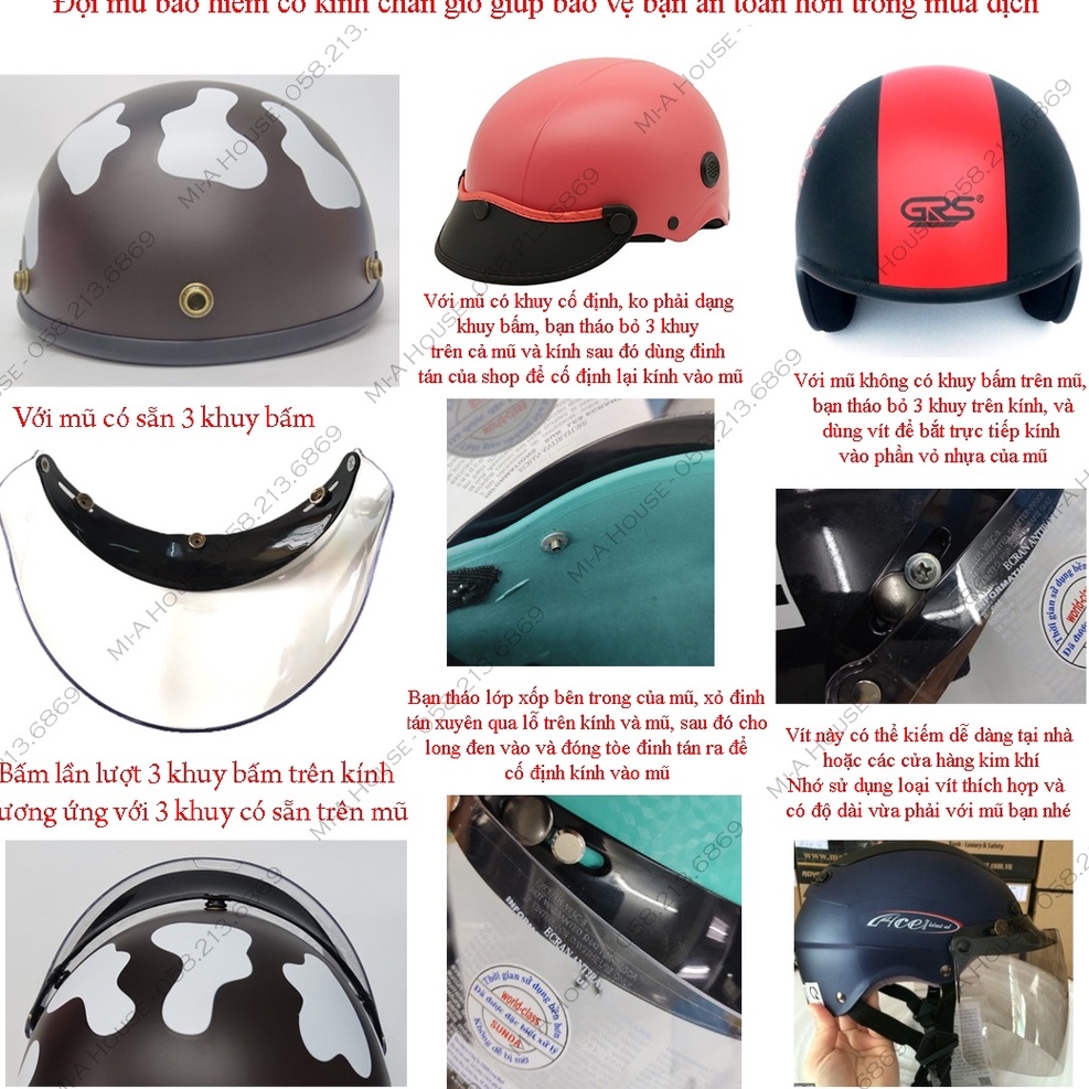Kính trong tháo rời 3 khuy Sunda 105C lắp mũ bảo hiểm 1/2 hoặc ba phần tư Kính che 3/4 mặt Q ...