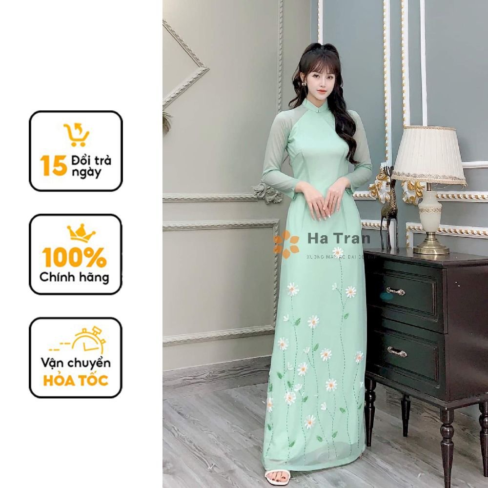Mua Áo dài truyền thống ren ánh kết ruy băng hoa cúc cao cấp thướt tha ...
