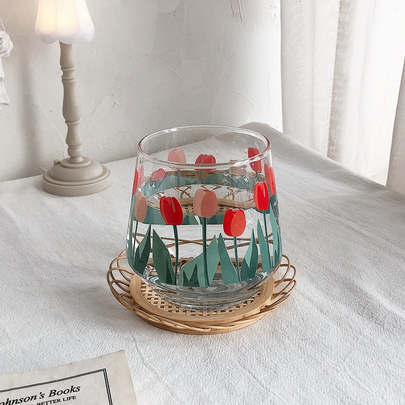 Ly Thủy Tinh Họa Tiết Hoa Tulip Vẽ Tay Phong Cách Retro Độc Đáo ...