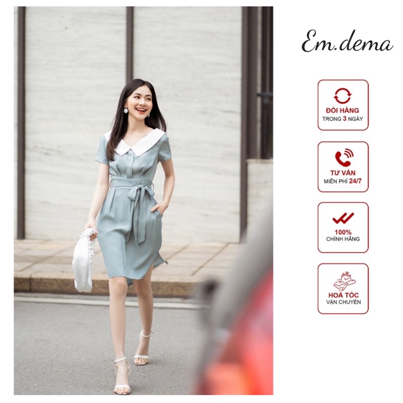 Mua Váy đầm thiết kế, Đầm công sở Xanh thiết kế Nẹp Khuy Giả Phối Cổ ...