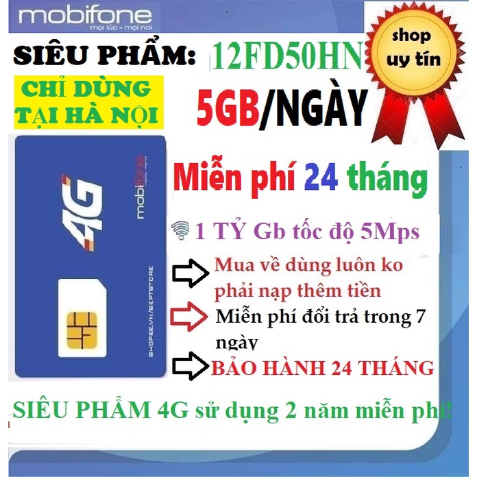 [CHỈ GIAO HÀ NỘI]Sim 4G Mobifone 5G/ngày- 12FD50HN, Miễn phí 24 tháng,1 ...