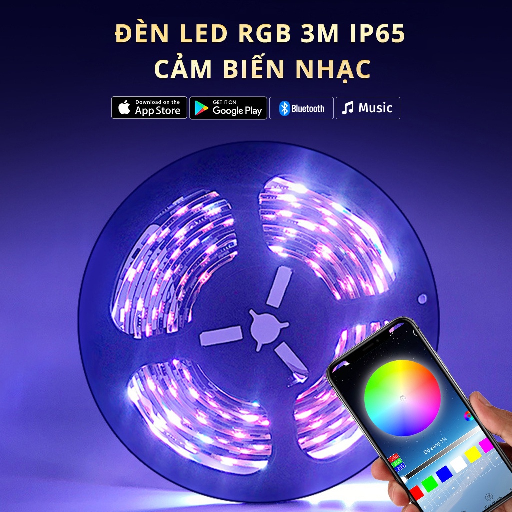 Đèn Led Trang Trí RGB 3m IP65 Cảm Biến Nhạc, Kết Nối Bluetooth, Dùng Để ...