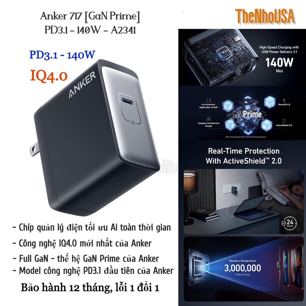 Củ sạc nhanh Anker 717 Charger IQ4.0 GaN Prime PD3.1 - 140W - A2341 ...