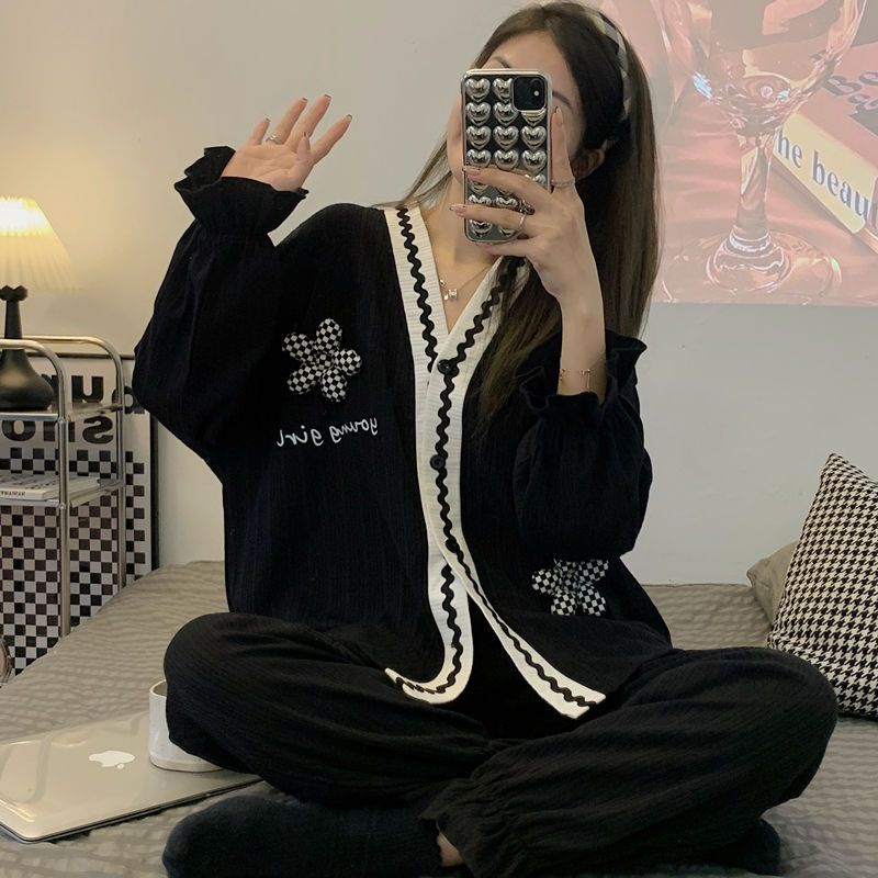 Ins style Korean pajamas for girls in spring and autumn black high-end ...