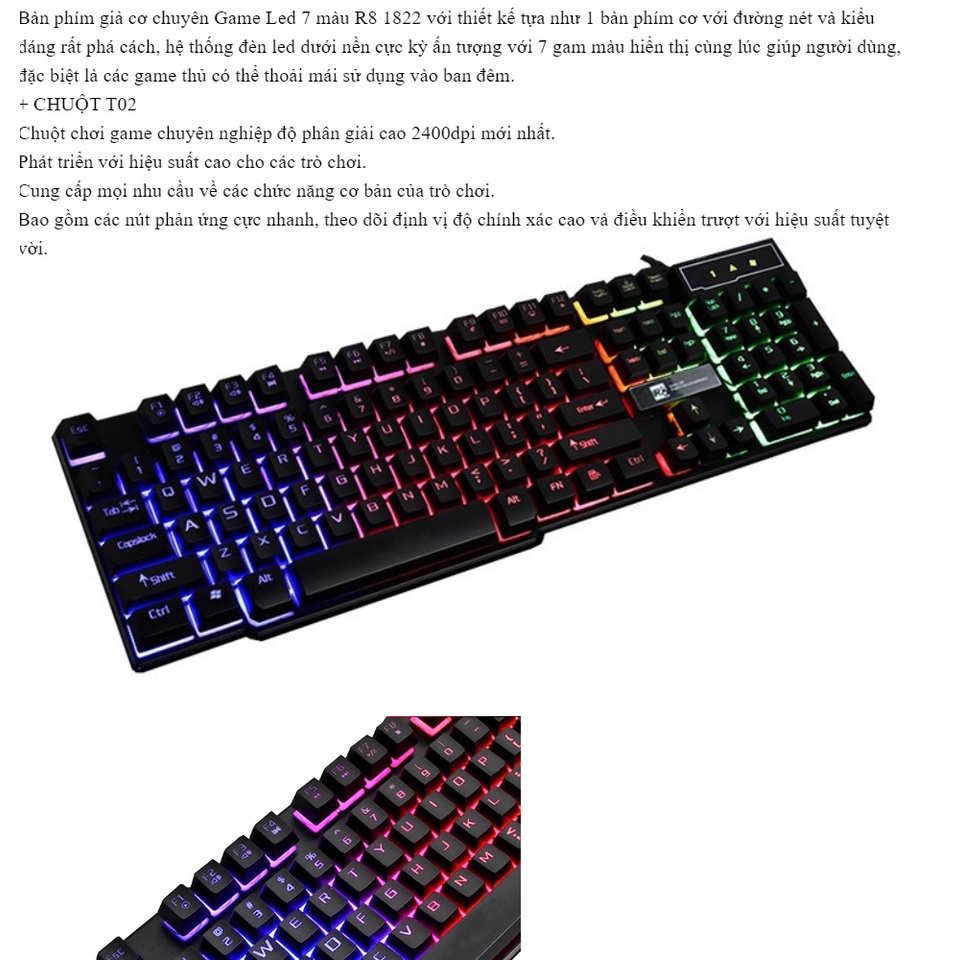 Mua BỘ BÀN PHÍM GIẢ CƠ R8 1822 VÀ CHUỘT T02 LED 7 MÀU CHUYÊN GAME ...