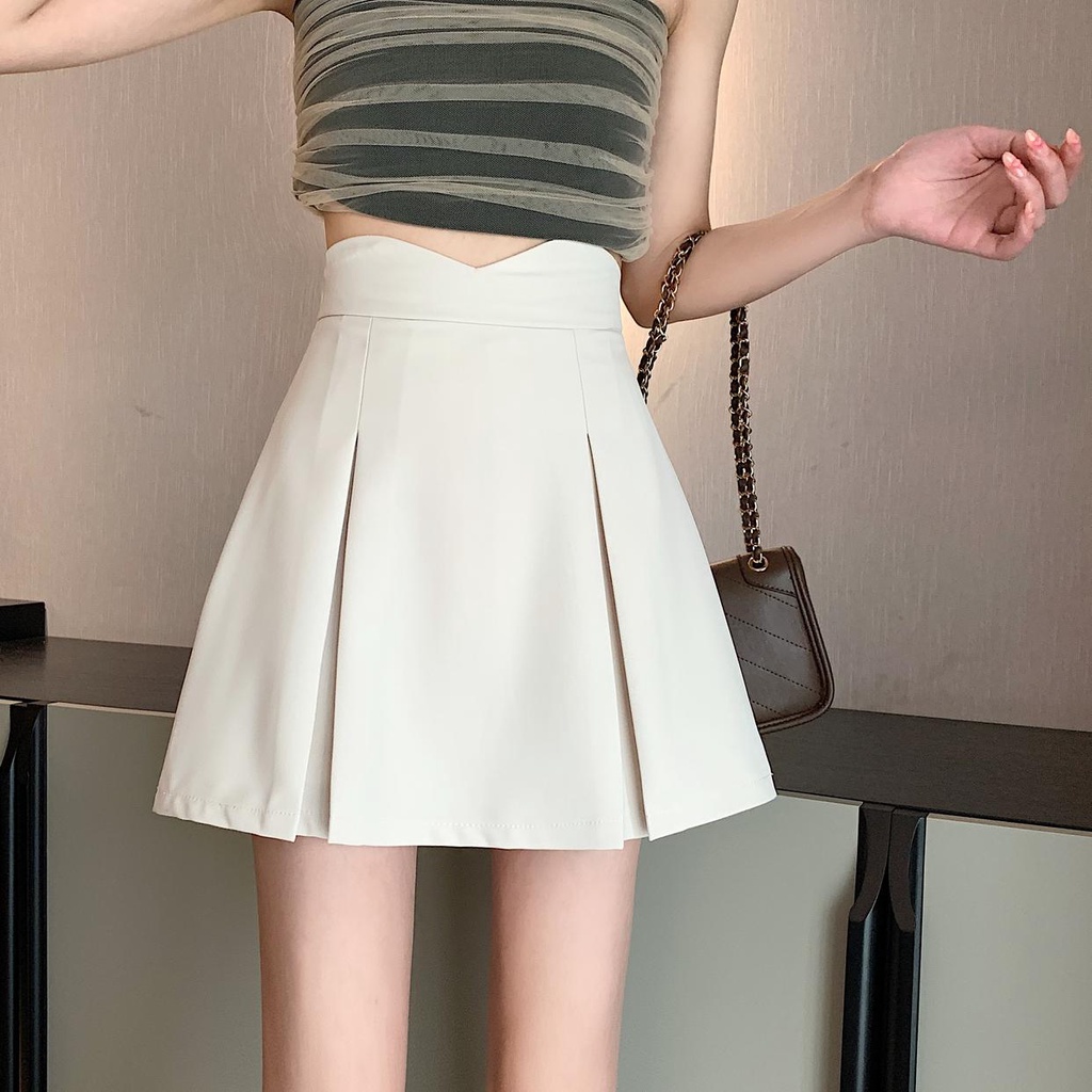 Chân váy xếp li dáng ngắn trơn màu cạp cao, thiết kế cạp V thanh lịch trẻ trung CÓ QUẦN TRONG ...