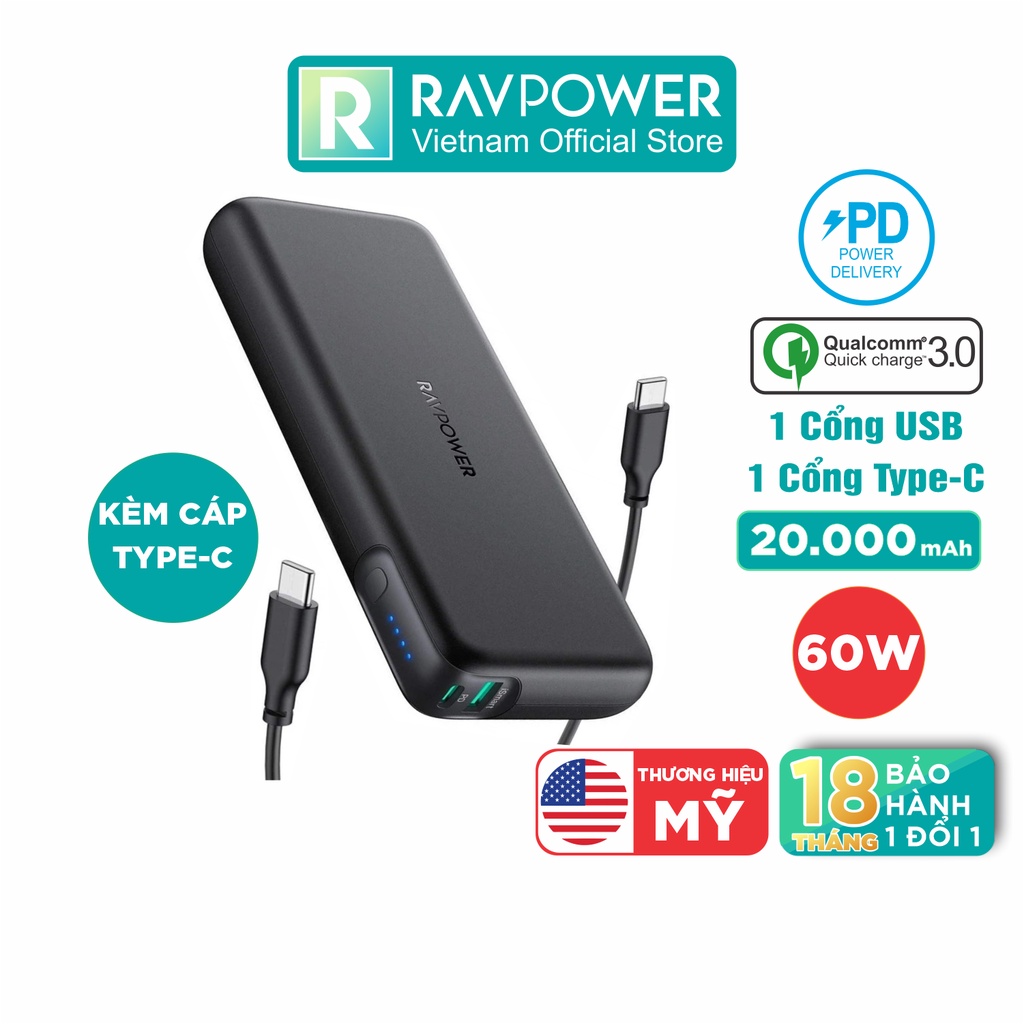 Mua Pin Sạc Dự Phòng RAVPower RP-PB201 20000mAh In/Out USB Type C, QC 3 ...