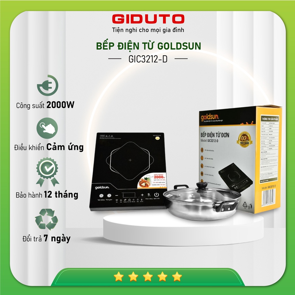 Bếp điện từ Goldsun GIC3212-D, 7 chức năng nấu cài đặt sẵn, tặng kèm nồi lẩu - Bảo hành 12 tháng ...