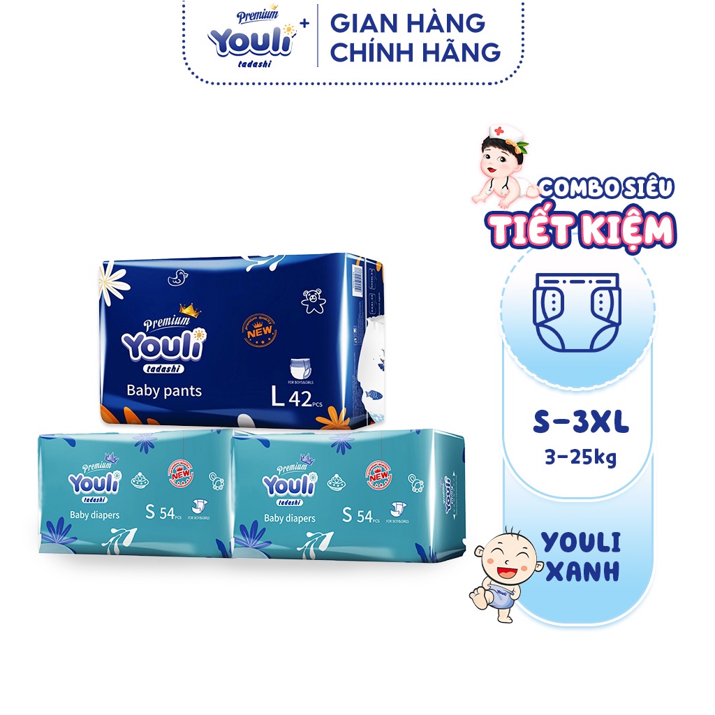 Tã Bỉm YOULI Xanh Size S104M92M88L84XL80XXL72XXXL68 (1 thùng) hàng có ...
