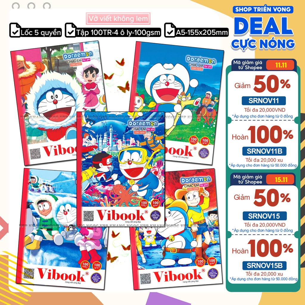 Lốc 5 Quyển Tập Học Sinh 4 Ô Li 100 trang Vĩnh Tiến (Vibook) - Vở Doraemon DL 100gsm | Shopee ...