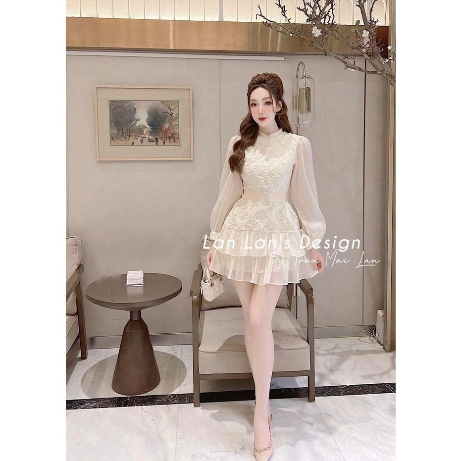Mua Đầm tiểu thư, Đầm thiết kế cổ cao pha ren chi tiết hoa hồng vải tơ ...