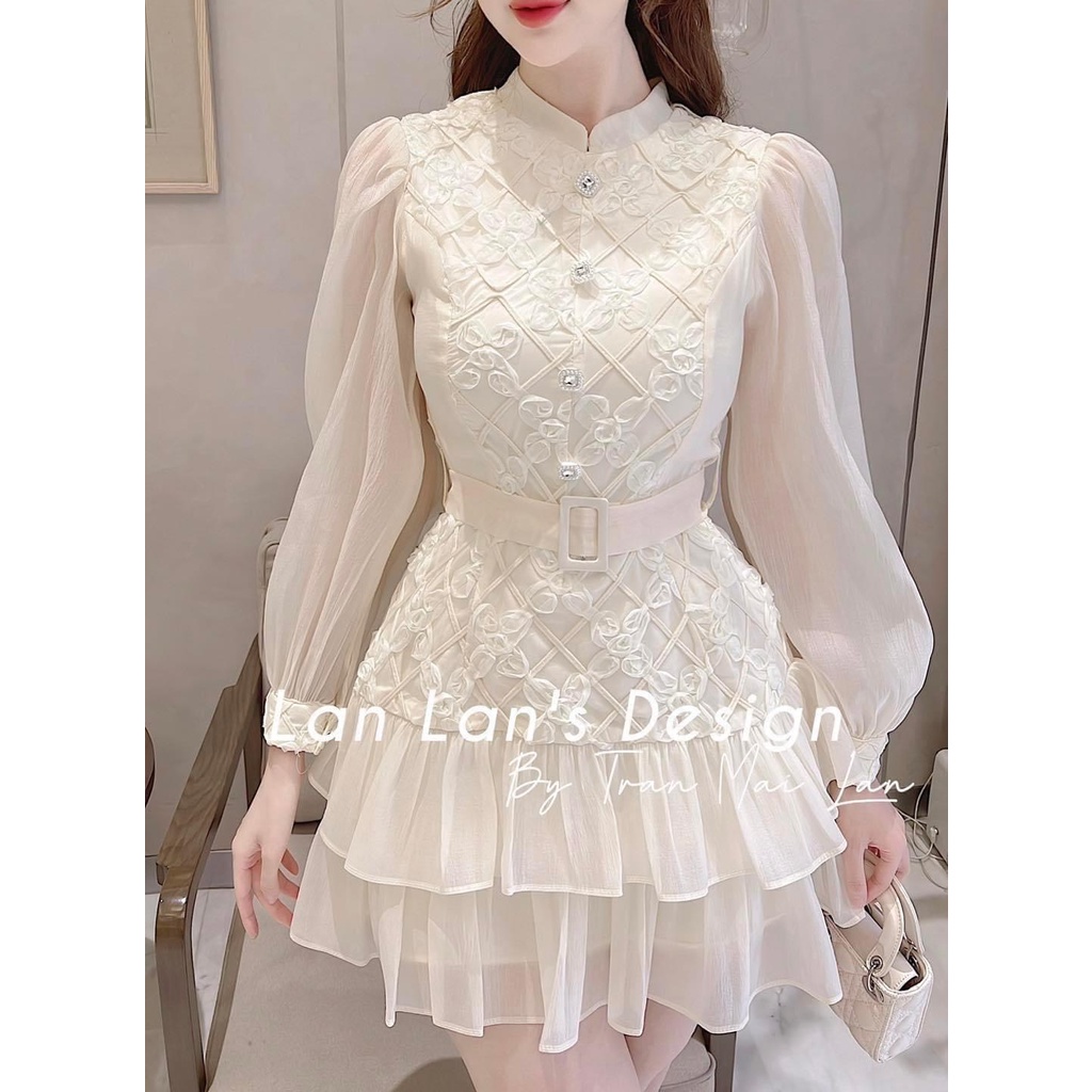 Mua Đầm tiểu thư, Đầm thiết kế cổ cao pha ren chi tiết hoa hồng vải tơ ...