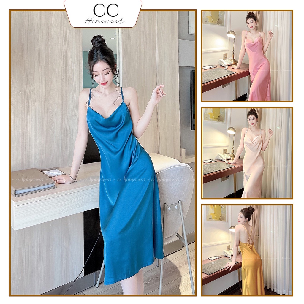 Đầm ngủ lụa 2 dây cổ đỗ cao cấp C05 thương hiệu CC HOMEWEARĐẦM - MixASale