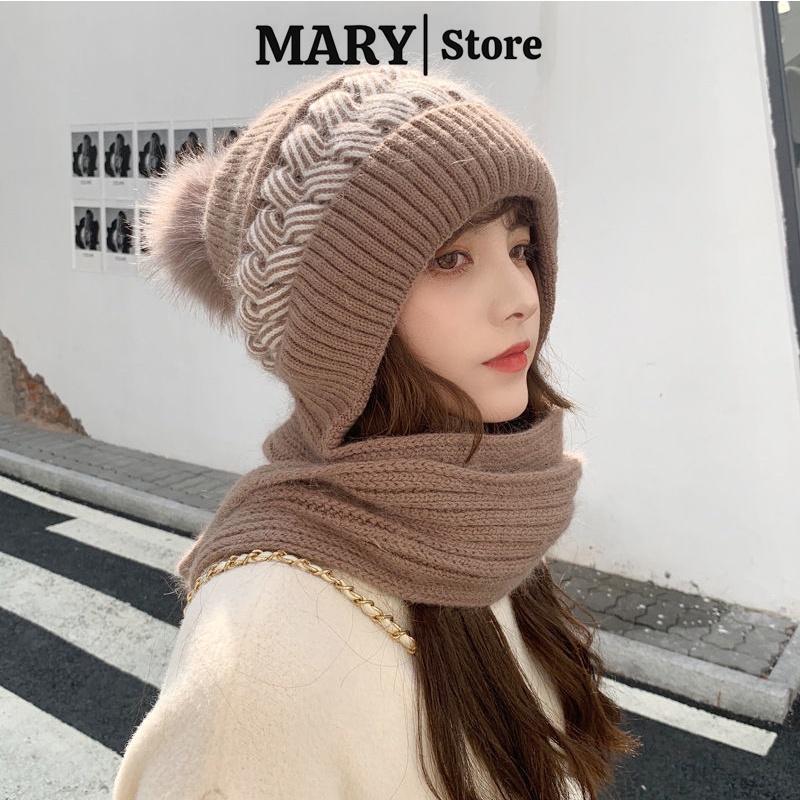 Mũ len nam nữ trùm đầu MARY nón len kèm khăn quàng cổ đẹp ấm áp thời ...