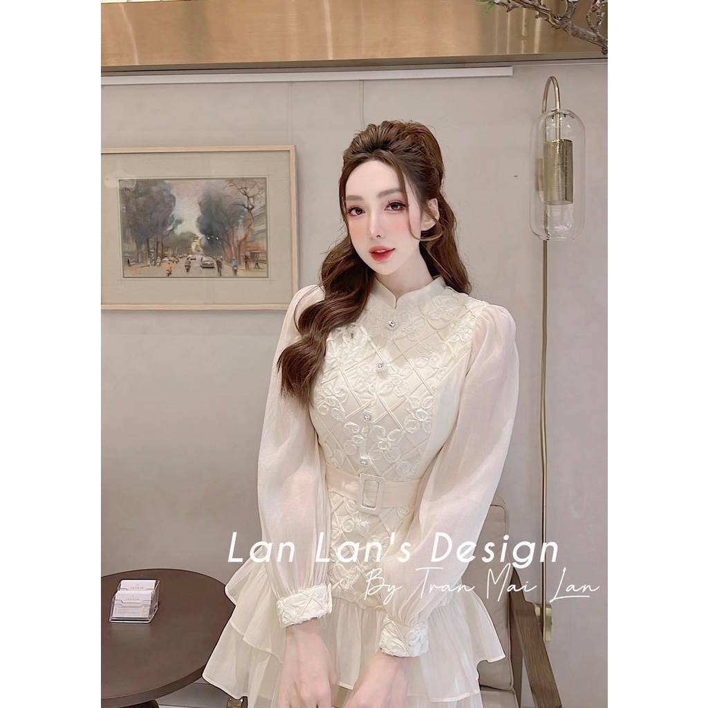 Mua Đầm tiểu thư, Đầm thiết kế cổ cao pha ren chi tiết hoa hồng vải tơ ...