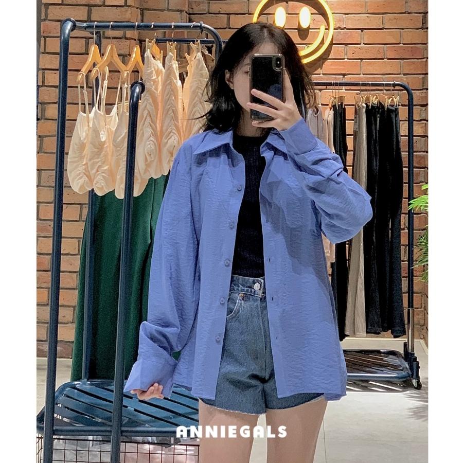 Anniegals - Áo somi xanh kiểu - V Cut Basic Blue Shirt | Shopee Việt Nam