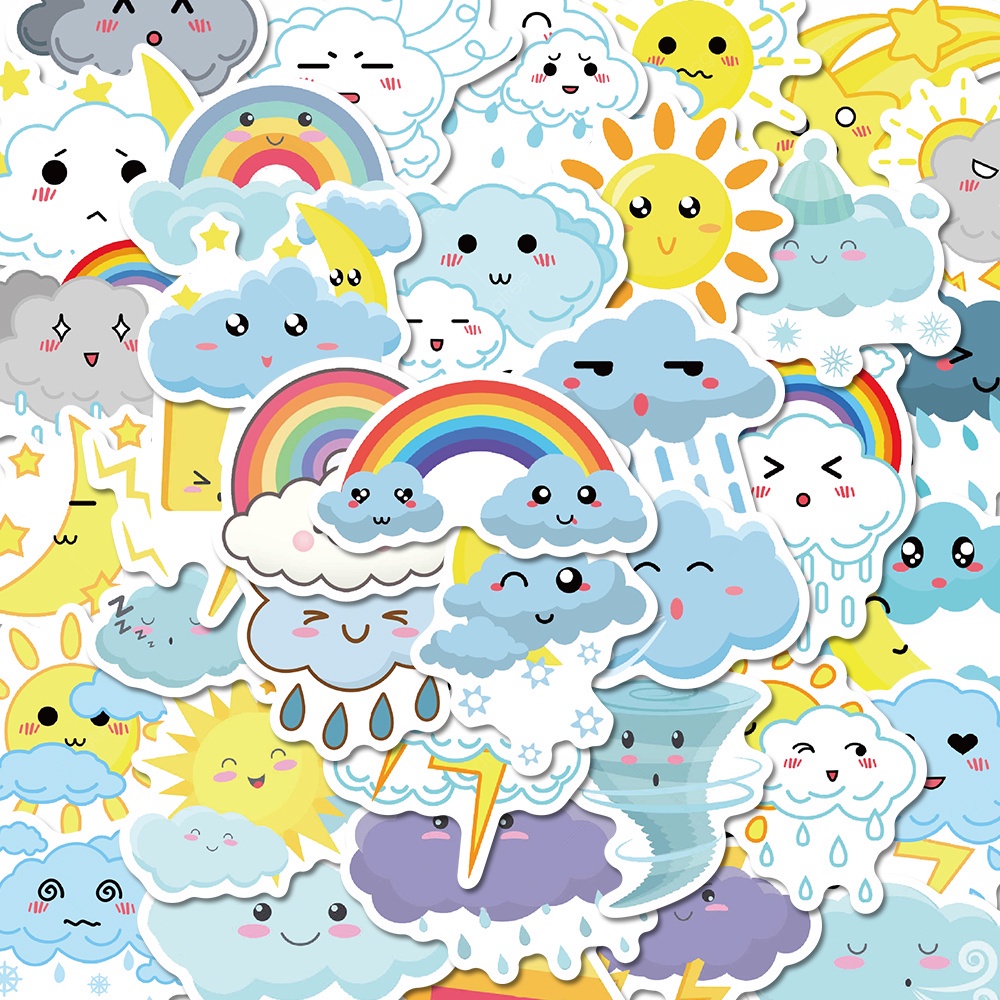 Set 50 chiếc sticker chống nước THỜI TIẾT MÂY MẶT TRỜI DỄ THƯƠNG dán mũ ...
