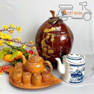 Khay trà, bộ tách trà bằng gỗ dừa / Bộ ủ ấm trà bằng trái dừa chữ thư ...