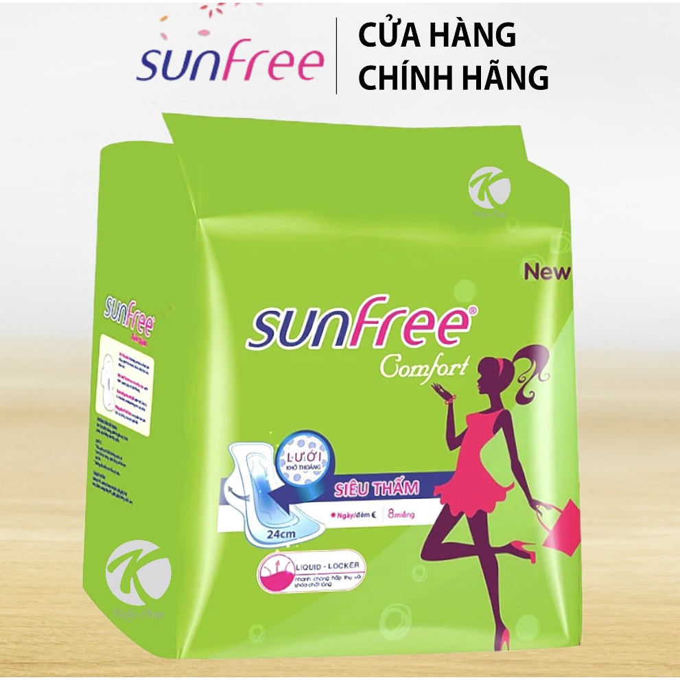 Combo 8 Gói Băng Vệ Sinh Sunfree Siêu Thấm Mỏng Có Cánh 8 Miếng 23cm