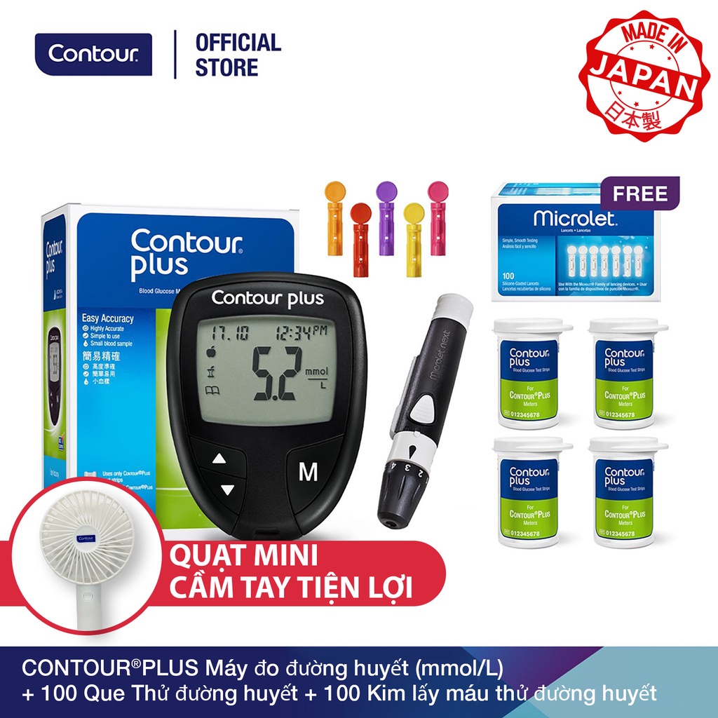 Mua Bộ 3 sản phẩm: 1 Máy đo đường huyết CONTOUR PLUS (mmol/L) và 100 Que thử đường huyết và 100 ...