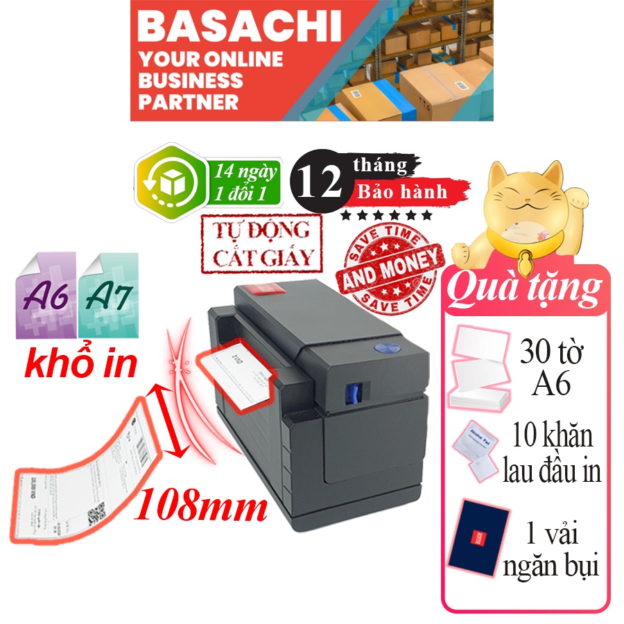 Quà tặng Máy in nhiệt BASACHI cắt giấy tự động A6 A7 đơn hàng hóa đơn ...